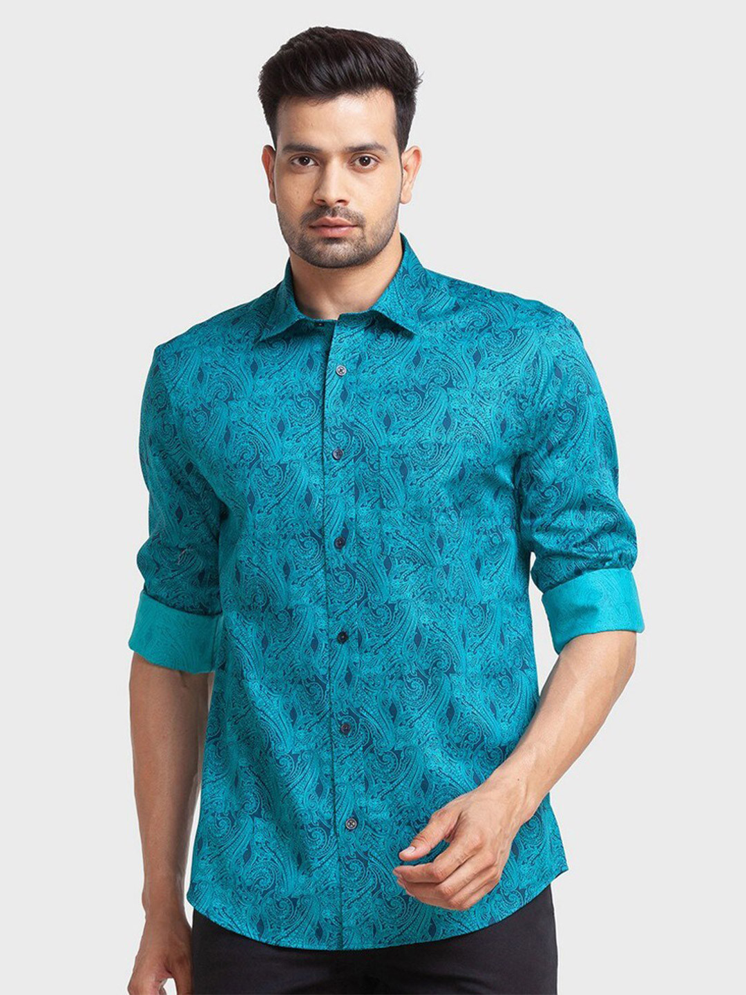 Buy ColorPlus Men Blue Ethnic Printed Tailored Fit Organic Cotton ...