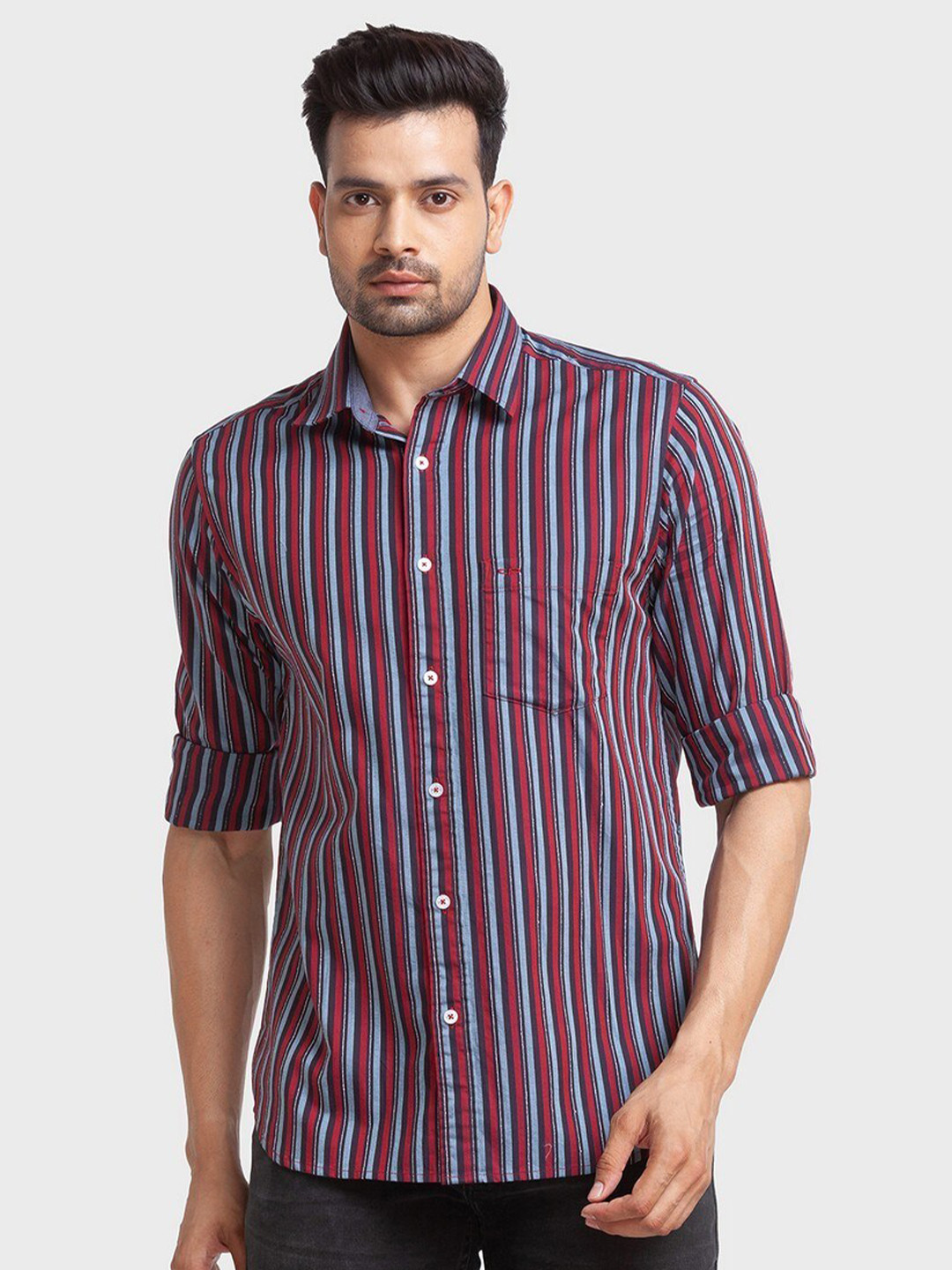 Buy ColorPlus Men Red & Blue Striped Organic Cotton Casual Shirt ...