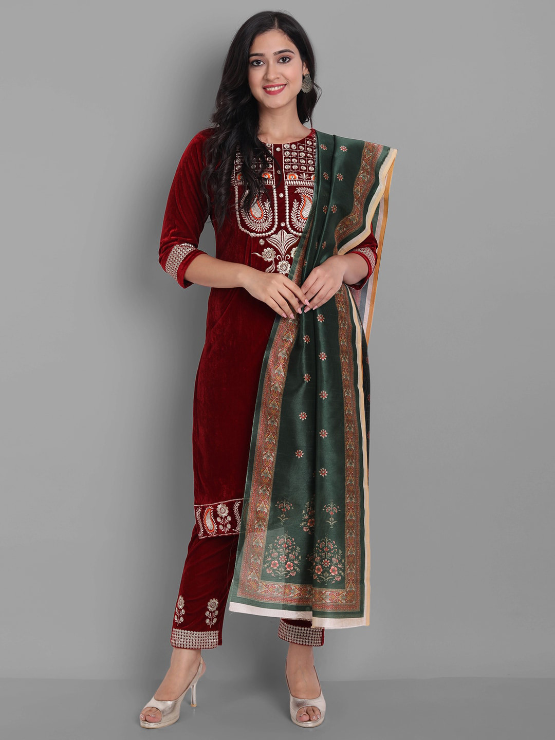 Buy Ziva Fashion Women Floral Embroidered Velvet Kurti With Trousers ...