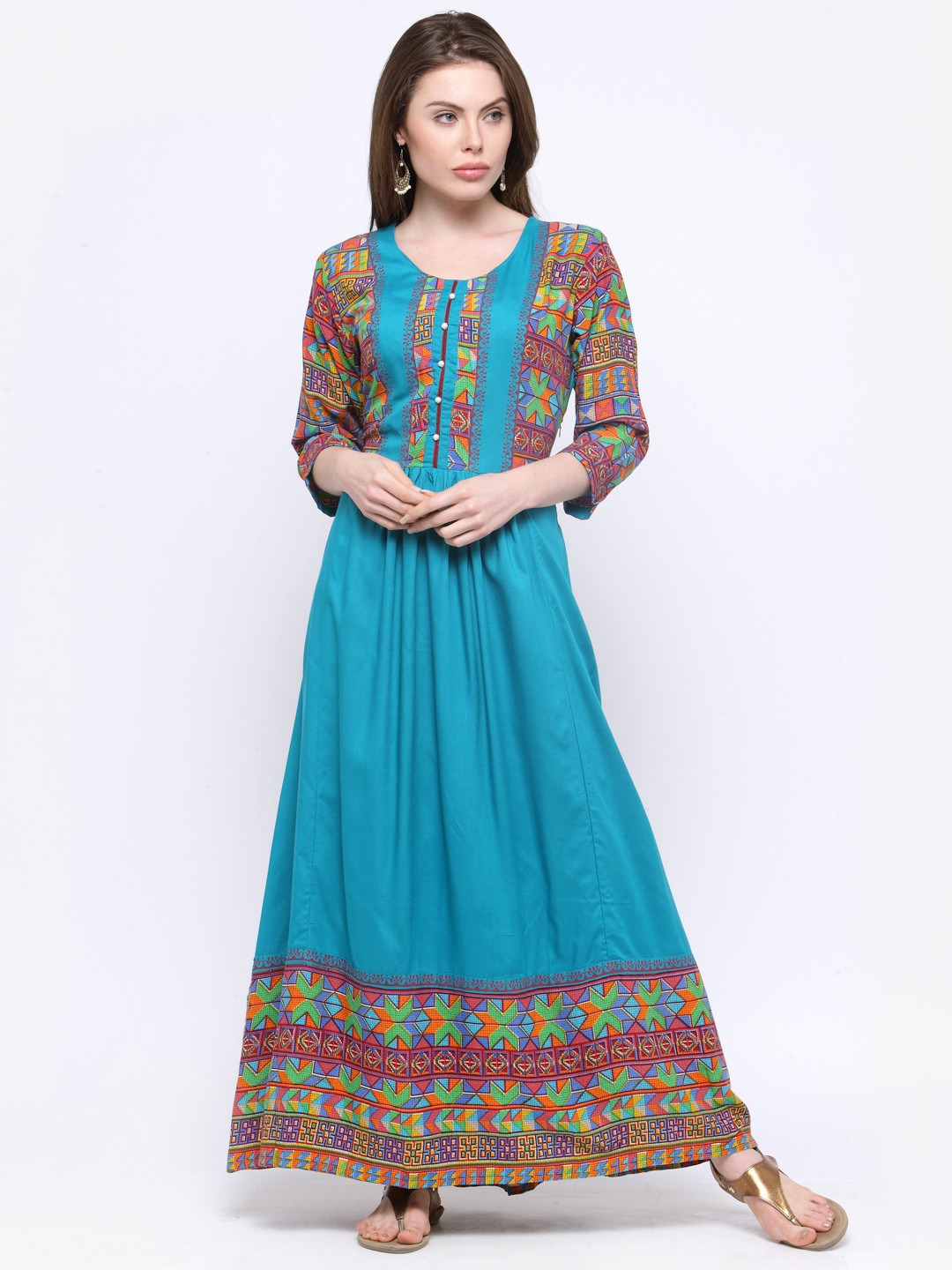 Buy Shree Women Turquoise Blue Printed Maxi Dress - Ethnic Dresses for ...