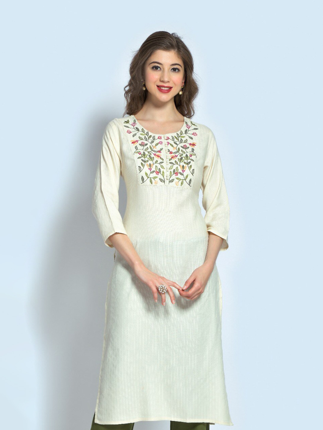 Buy RIVAMA Women Off White Embroidered Kurta - Kurtas for Women ...