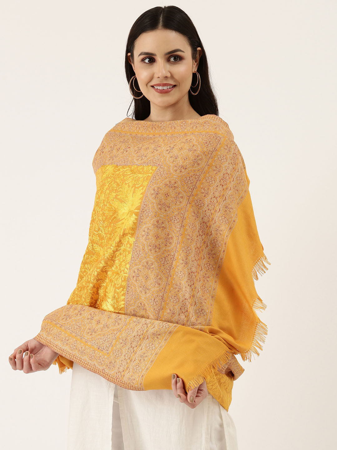 Buy Pashmoda Women Yellow & Beige Woven Design Jamawar Shawl - Shawl ...