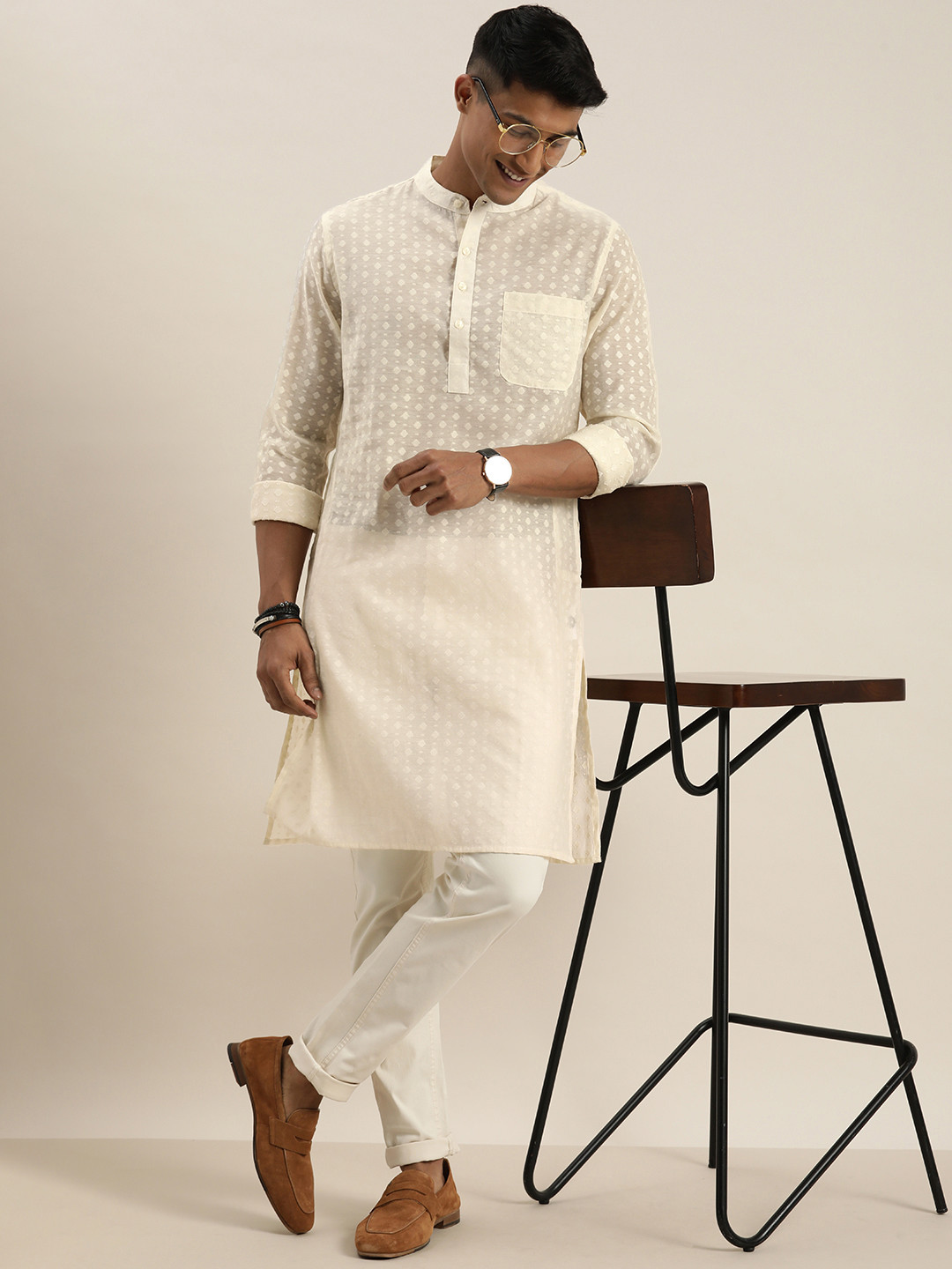 Buy Taavi Men Cora Off White Geometric Embroidered Band Collar Pure ...