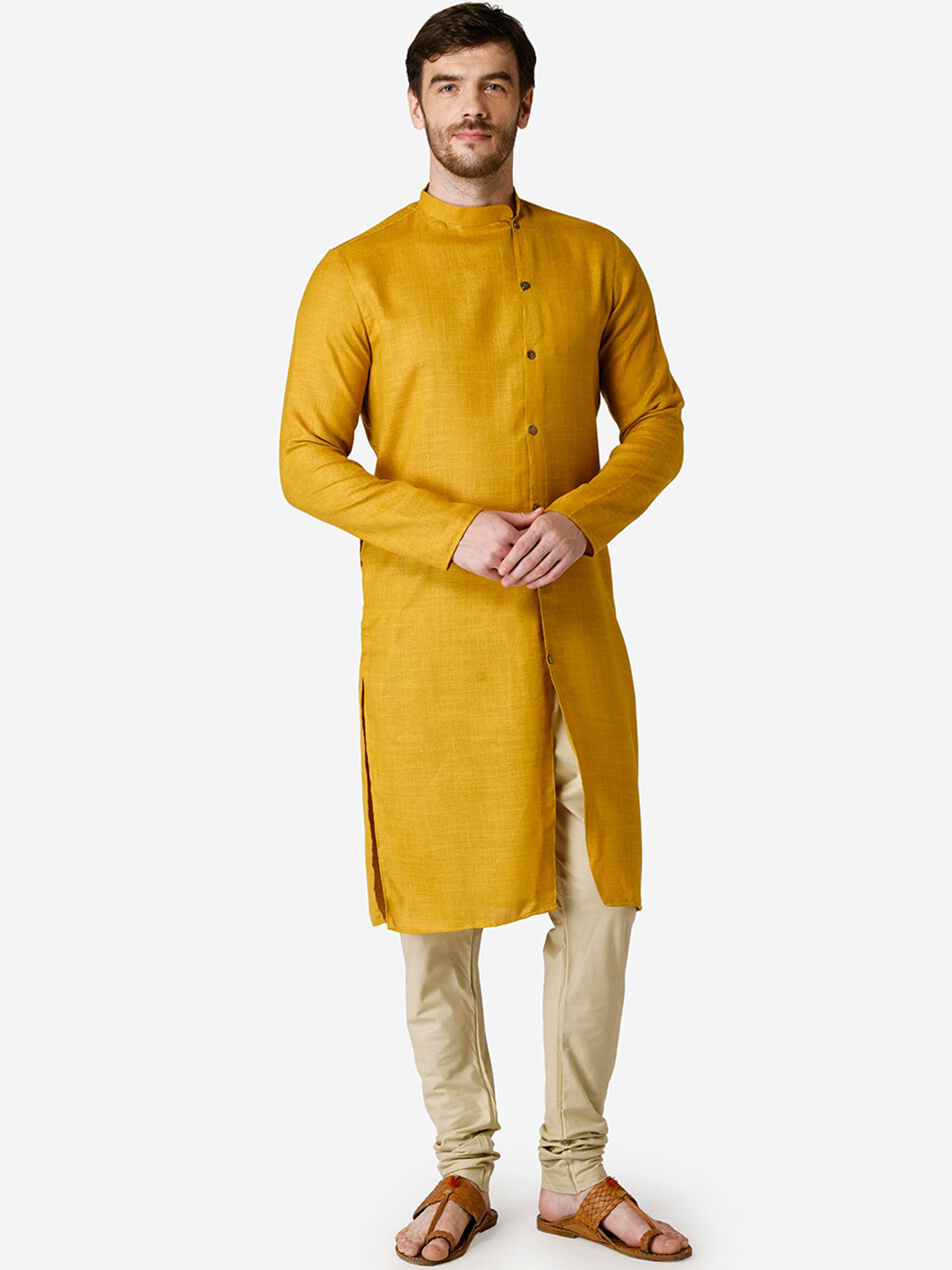 Buy TABARD Men Yellow Solid Side Button Placket Band Collar Cotton ...