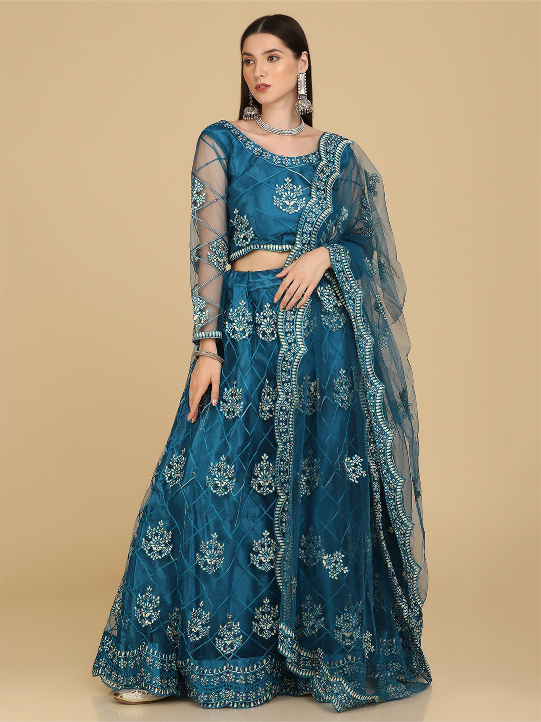 Buy Warthy Ent Turquoise Blue & Embroidered Thread Work Semi Stitched ...