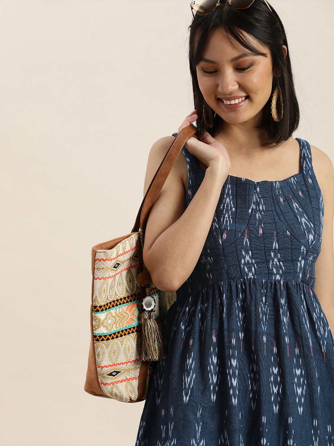 Buy Taavi Navy Blue & Orange Ikat Woven Design Sustainable Maxi Dress ...