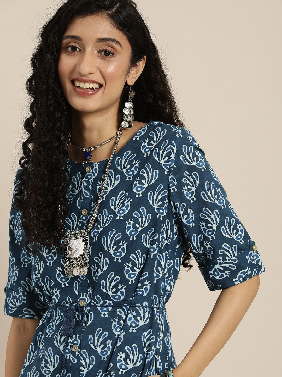 Buy Taavi Women Ethnic Motifs Pure Cotton Indigo Fit & Flare Dress ...