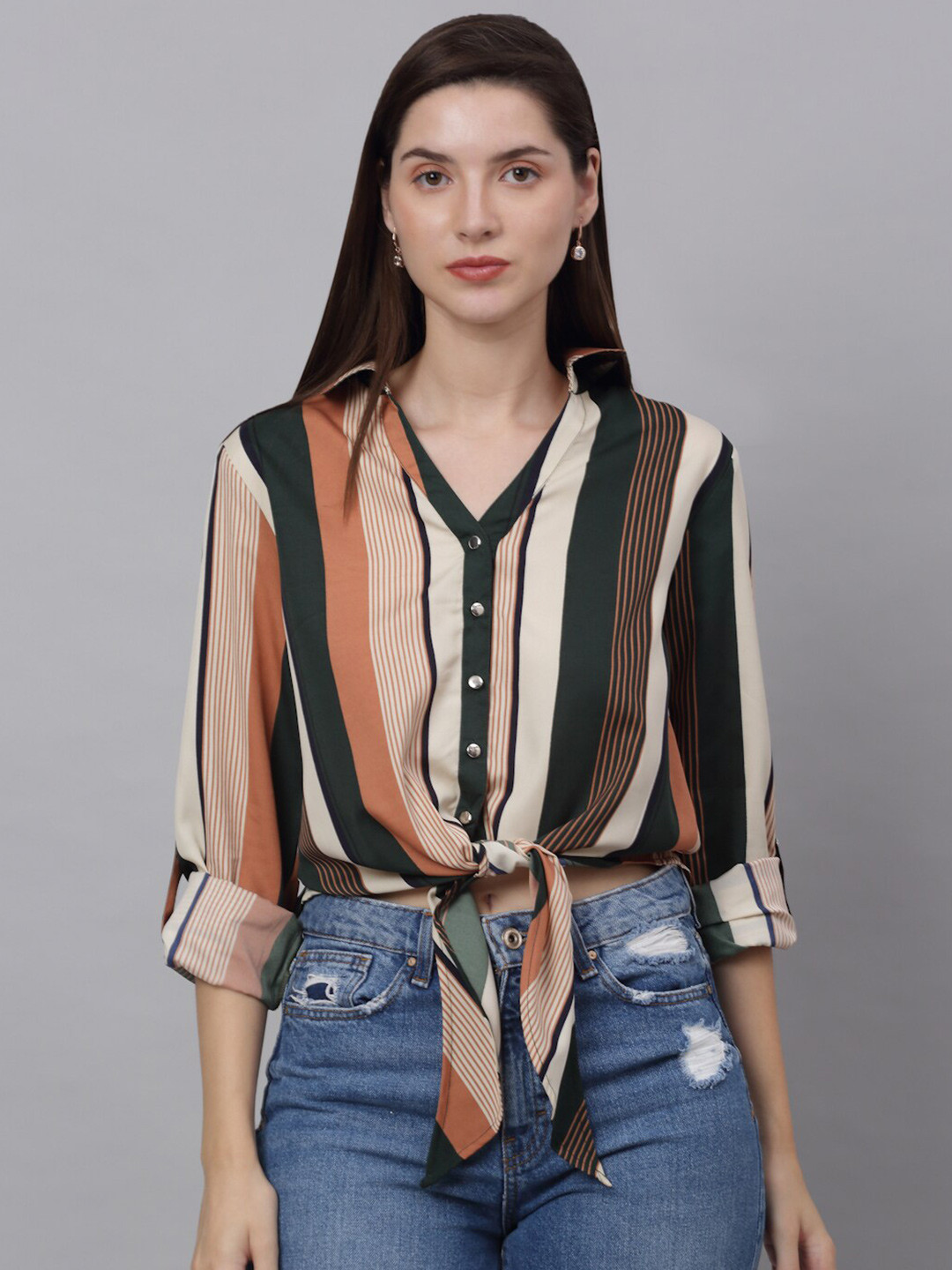 Buy NEUDIS Cream & Brown Striped Crepe Shirt Style Top - Tops for Women 19952674 | Myntra