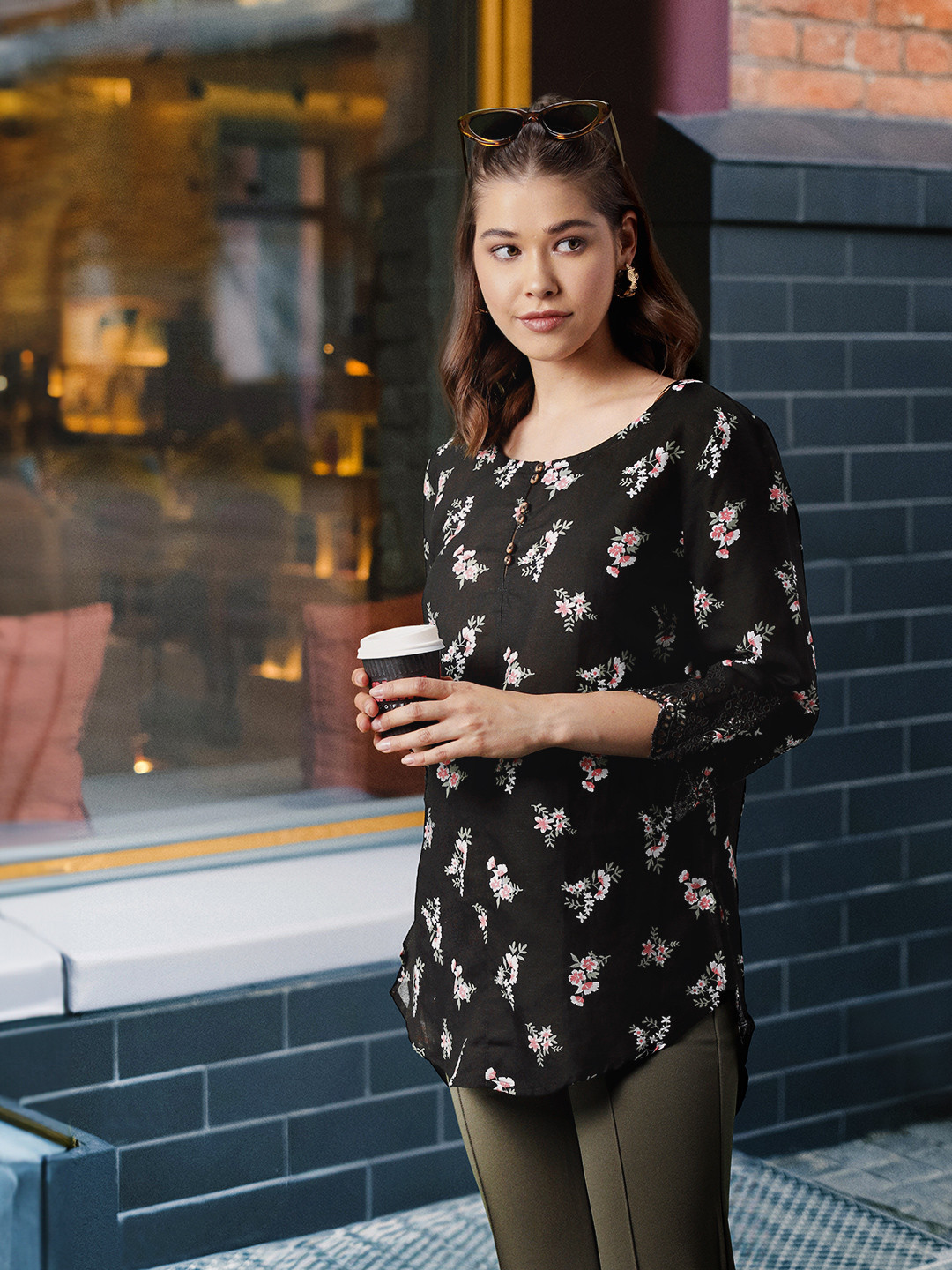 Buy Marks & Spencer Women Black Floral Print Linen Top - Tops for Women ...