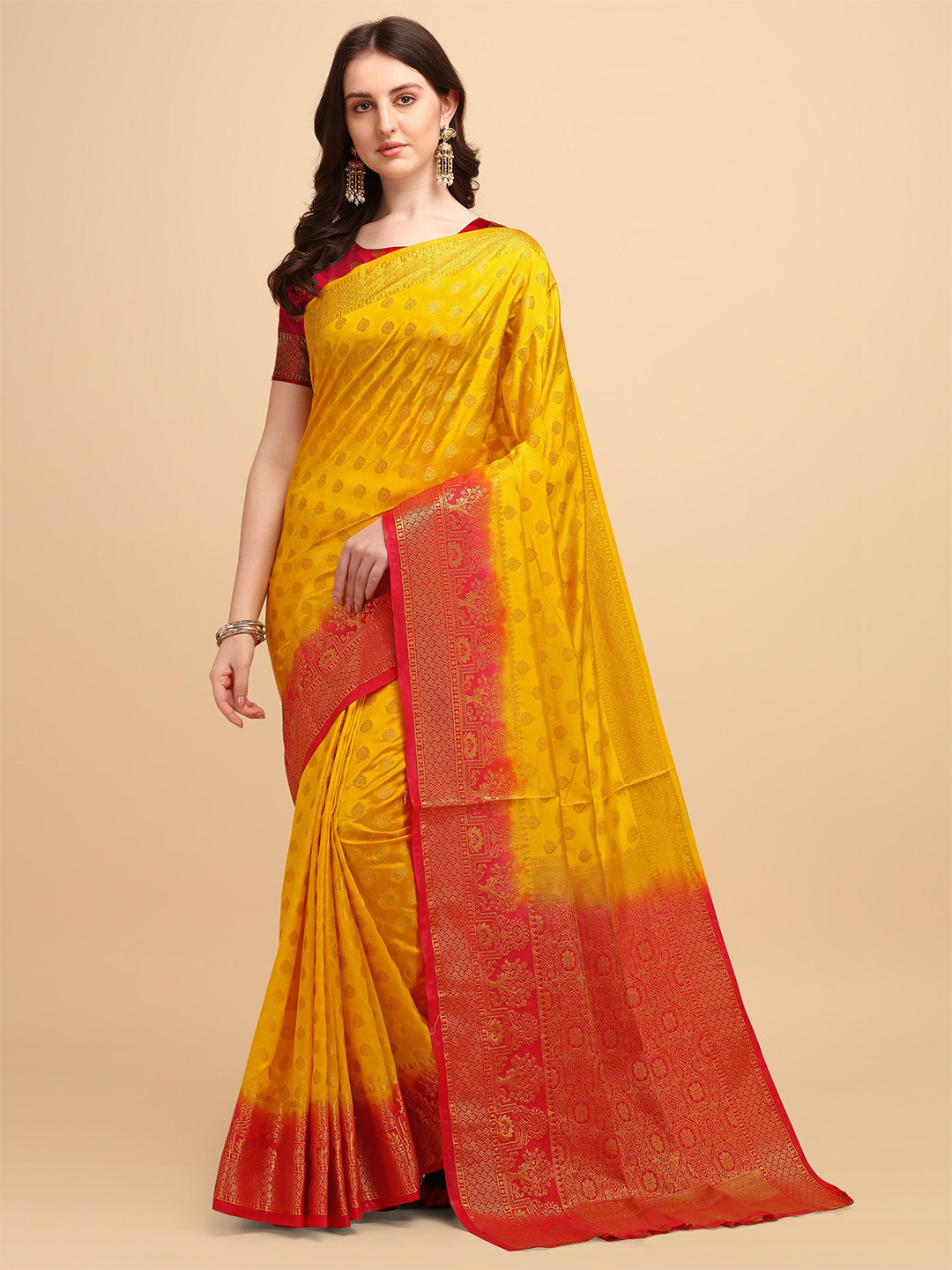 Buy TEREZA Yellow & Maroon Ethnic Motifs Zari Pure Silk Banarasi Saree ...