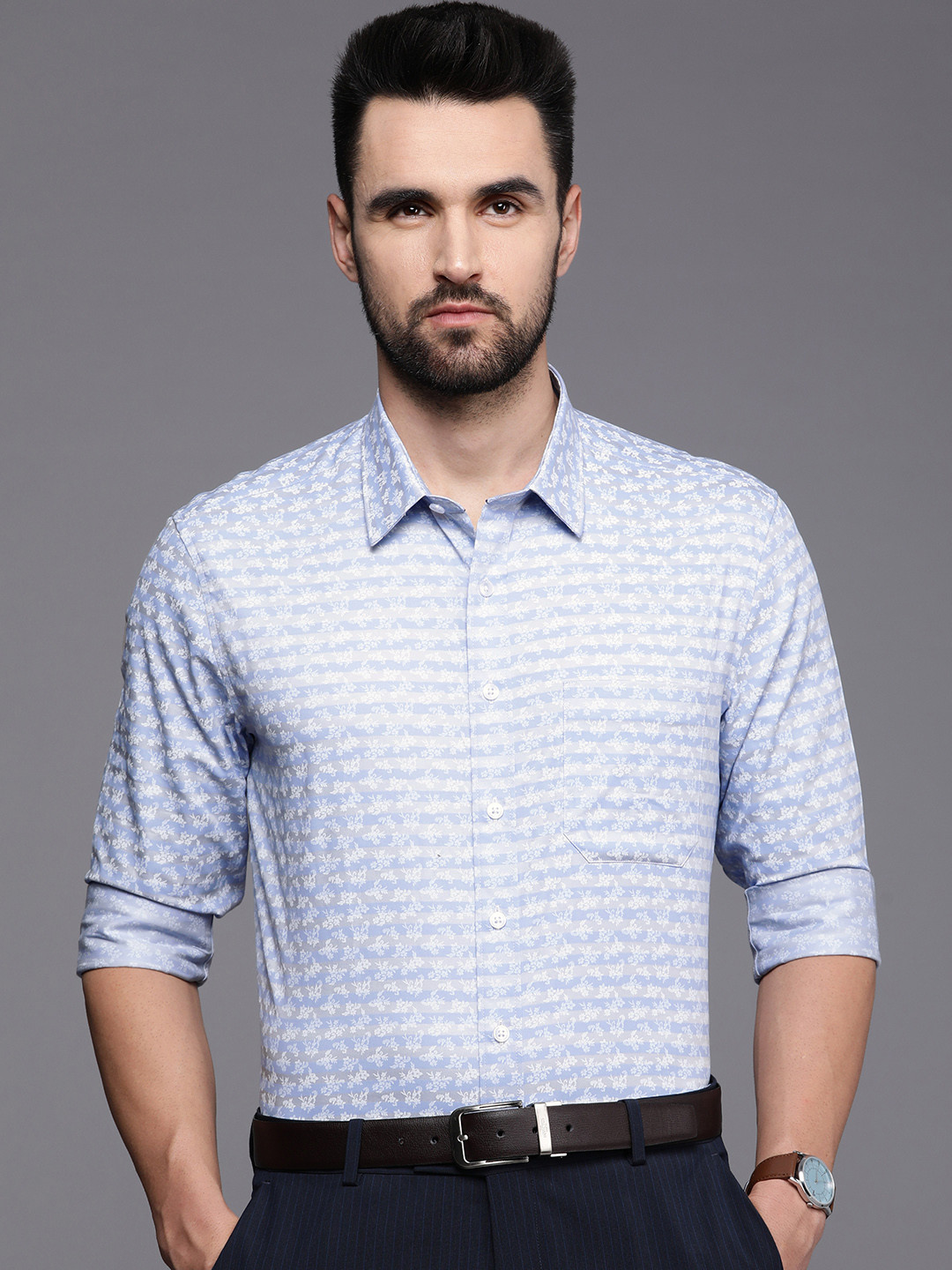 Buy Louis Philippe Men Blue & White Slim Fit Floral Printed Pure Cotton ...