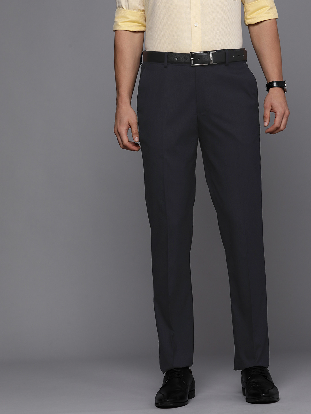 Buy Louis Philippe Men Navy Blue Solid Slim Fit Formal Trousers ...