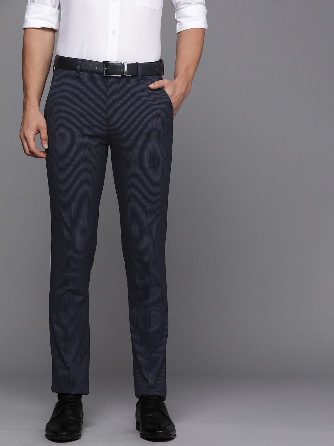 Buy Louis Philippe Men Navy Blue & White Striped Super Slim Fit Formal ...