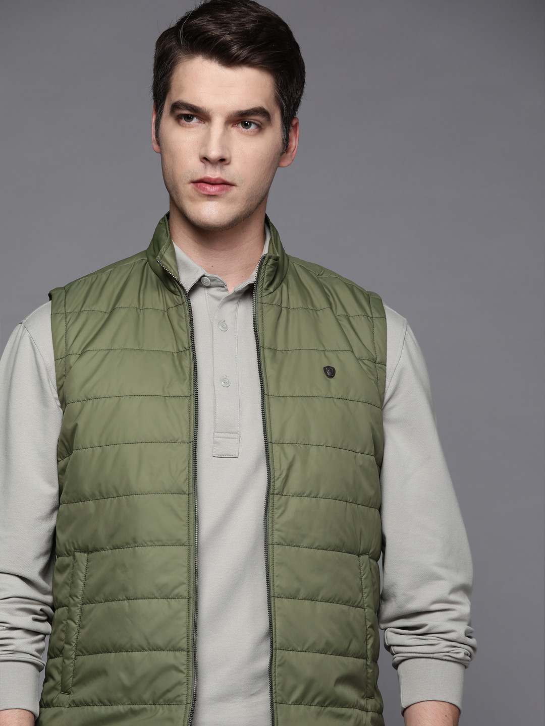 Buy Louis Philippe Men Olive Green Mock Collar Padded Sleeveless Jacket ...