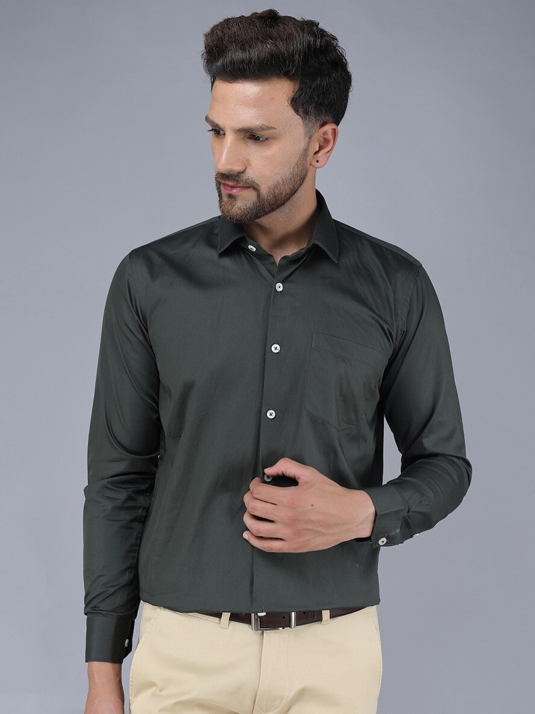 Buy TQS Men Olive Green Solid Classic Formal Shirt - Shirts for Men ...