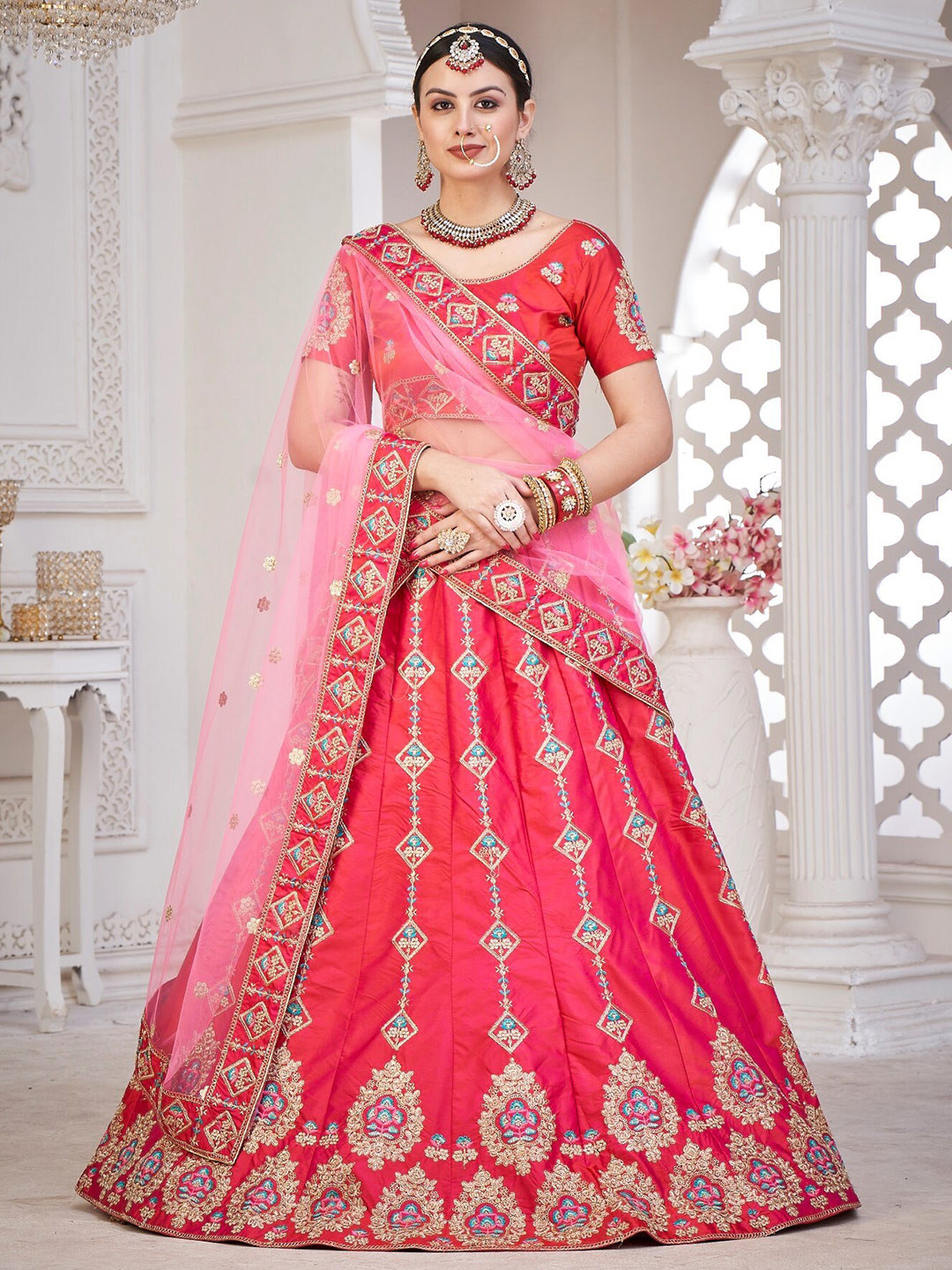 Buy Warthy Ent Pink & Gold Toned Embroidered Semi Stitched Lehenga ...