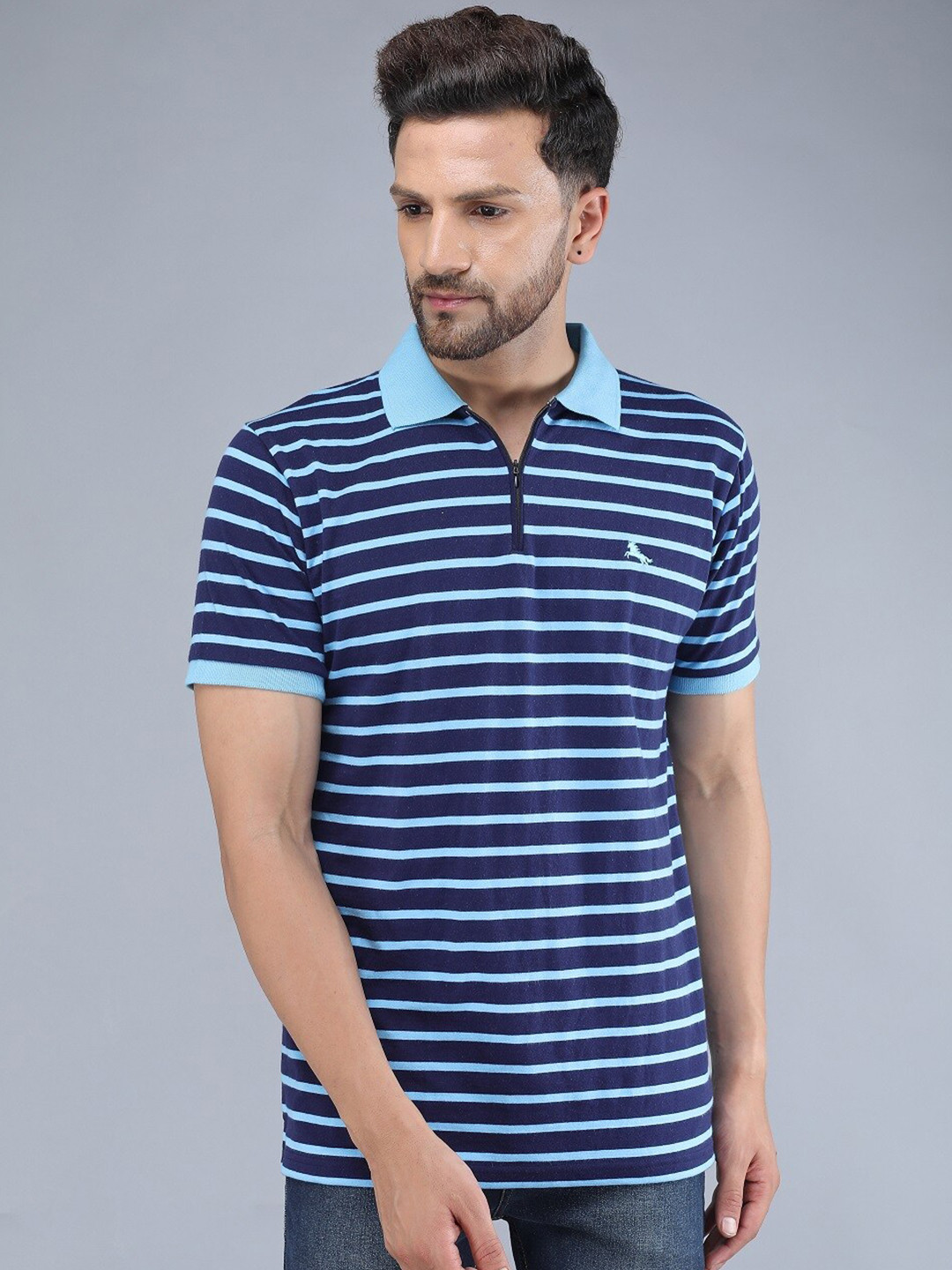 Buy TQS Men Navy Blue Striped Polo Collar Pure Cotton Slim Fit T Shirt ...