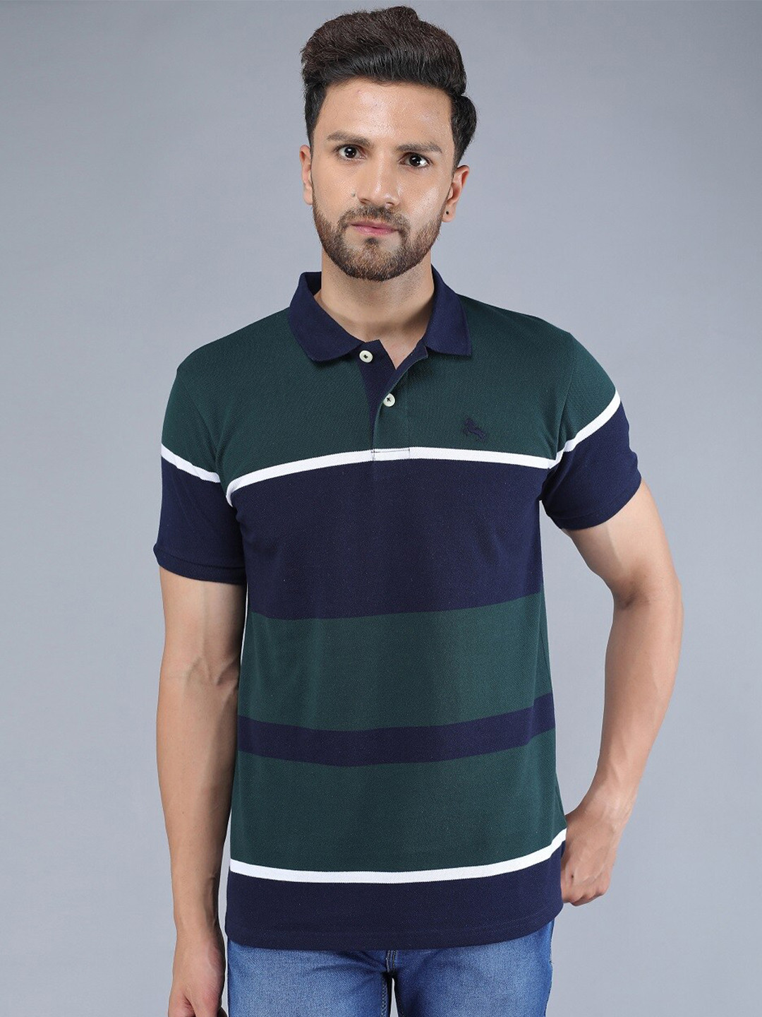 Buy TQS Men Green & Navy Blue Striped Polo Collar Pure Cotton Slim Fit ...