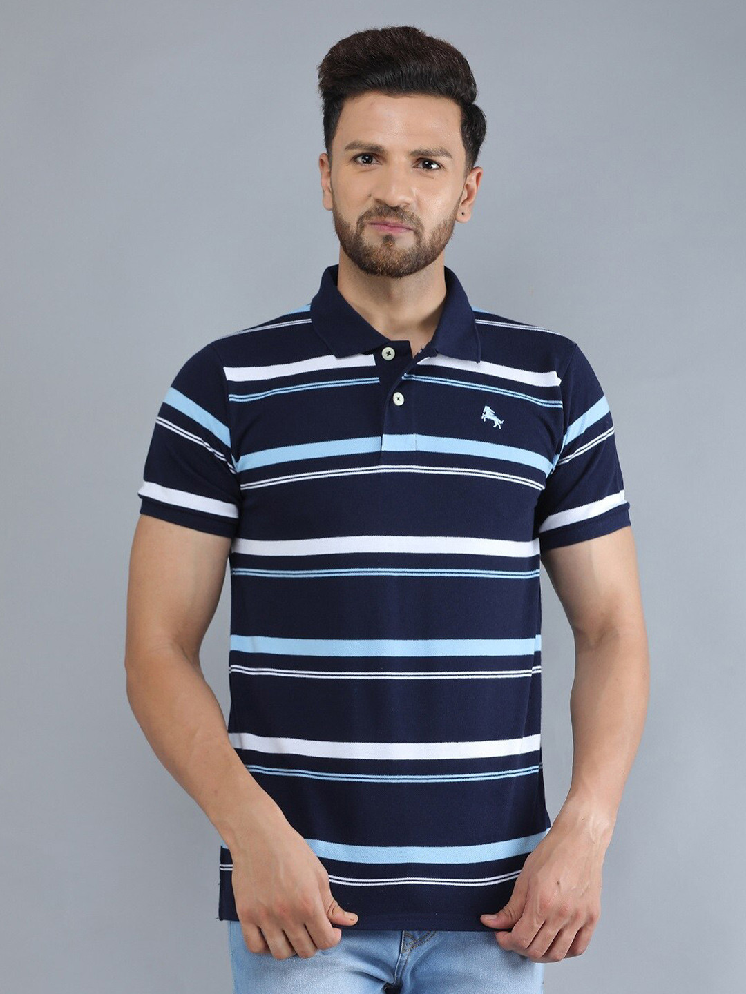 Buy TQS Men Navy Blue & White Striped Polo Collar Pure Cotton Slim Fit ...