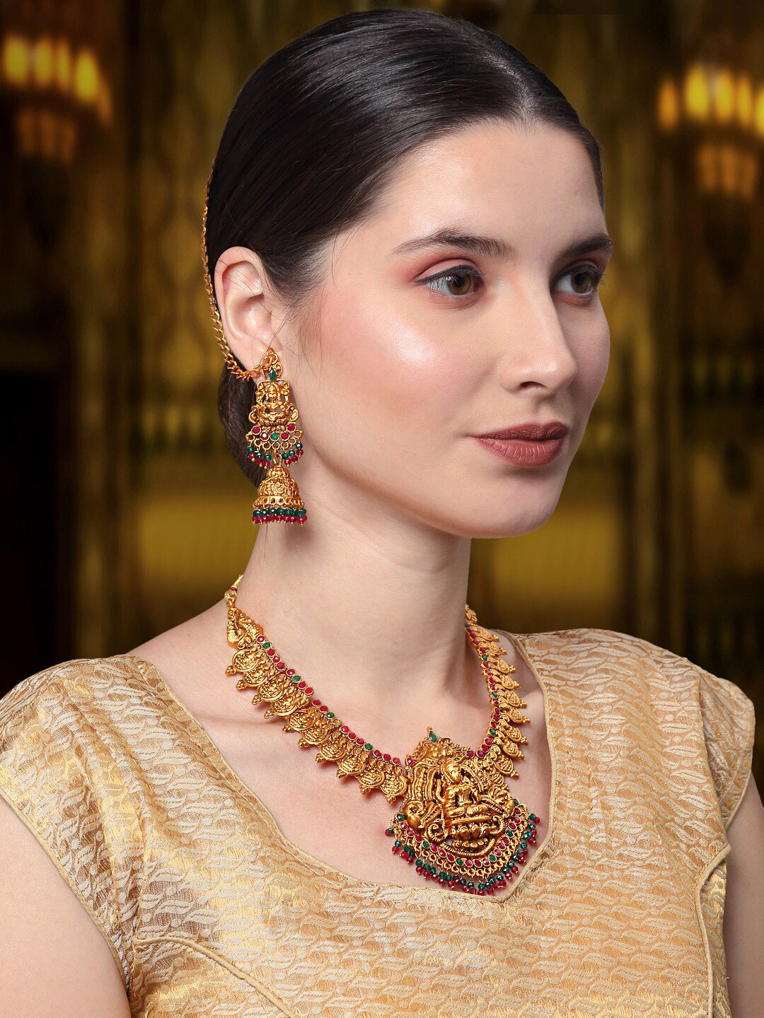 Buy Yellow Chimes Gold Plated Pink & Green Stone Studded & Pearl Beaded ...