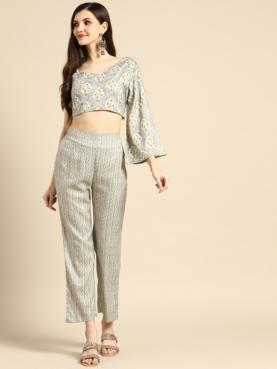 Buy Prakhya Women Grey Printed Top With Trousers - Kurta Sets for Women ...