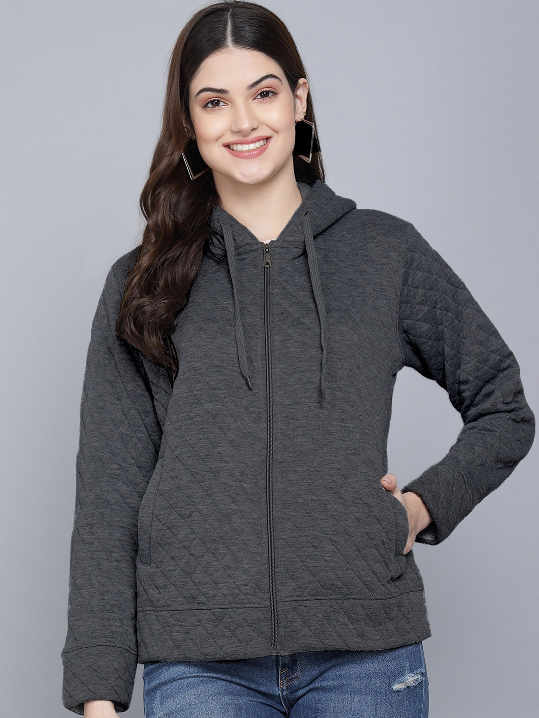 Buy FLAMBOYANT Women Grey Geometric Fleece Lightweight Outdoor Tailored ...