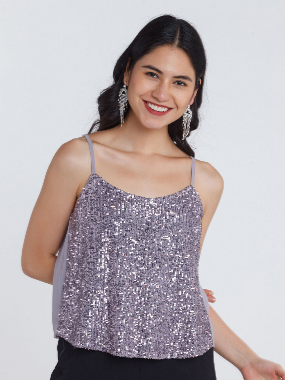 Buy Zink London Grey Embellished Styled Back Top - Tops for Women ...