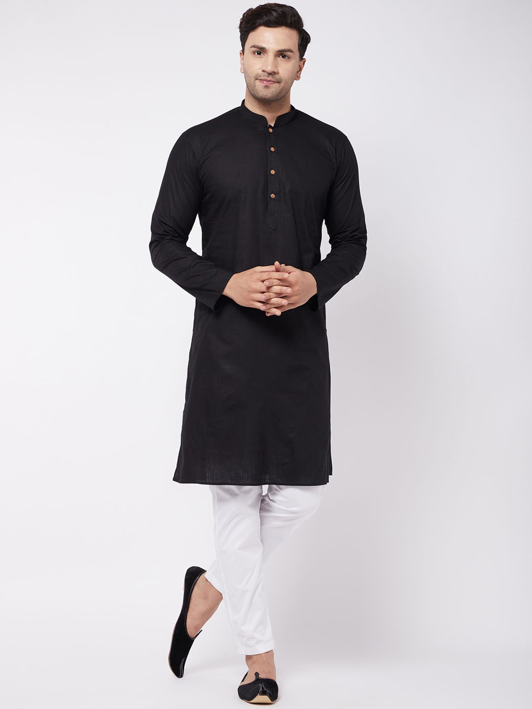 Buy VASTRAMAY Men Black Pleated Kurta With Pyjamas - Kurta Sets for Men ...