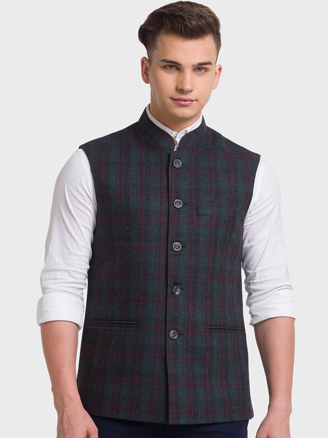 Buy ColorPlus Men Grey Checked Longline Tailored Jacket With ...