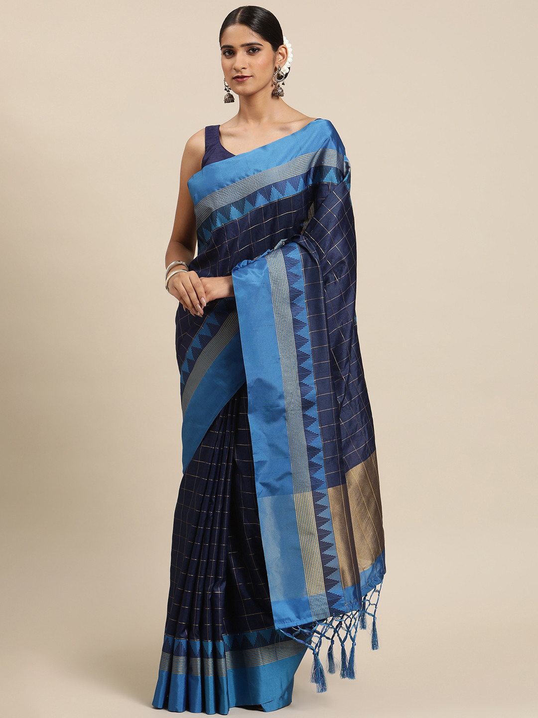 Buy VISHNU WEAVES Blue Checked Zari Saree - Sarees for Women 19966552 ...