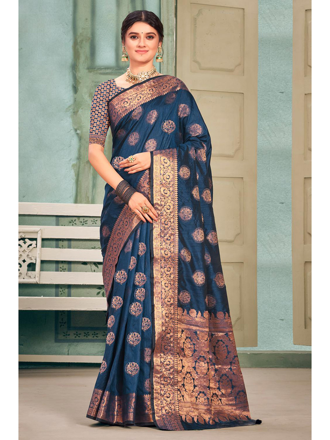 Buy KARAGIRI Blue & Copper Toned Woven Design Zari Saree - Sarees for ...