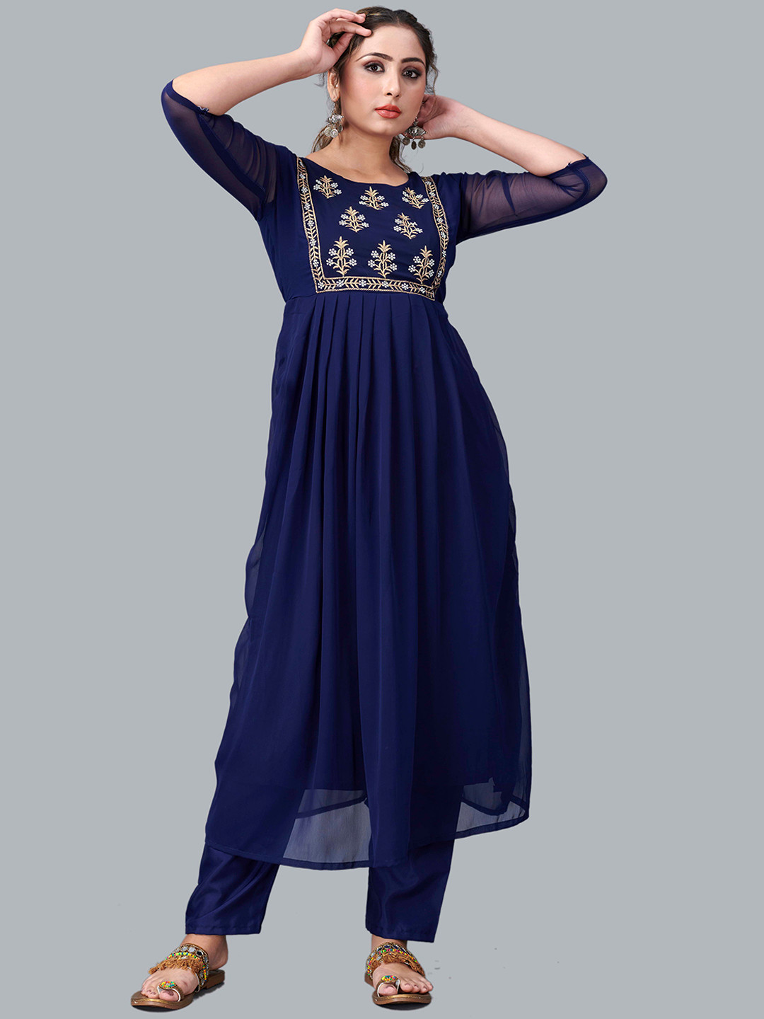 Buy Fashion FRICKS Women Navy Blue Yoke Design Empire Kurta With ...