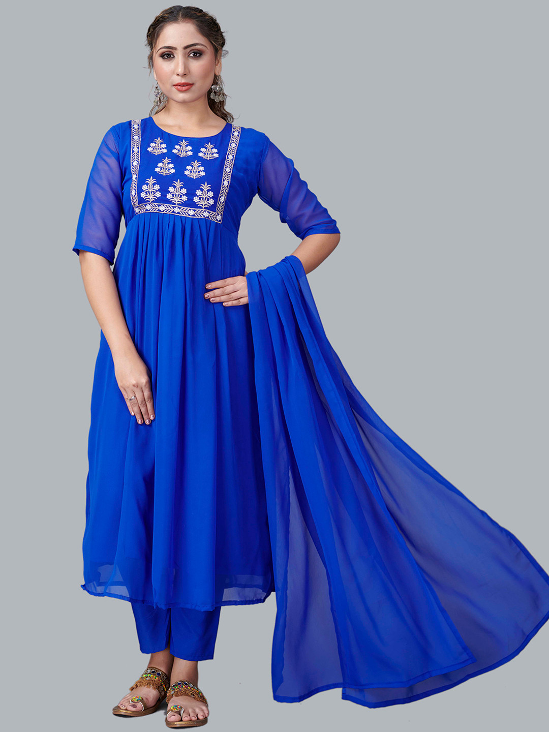 Buy Fashion FRICKS Women Blue Floral Yoke Design Empire Kurta With ...