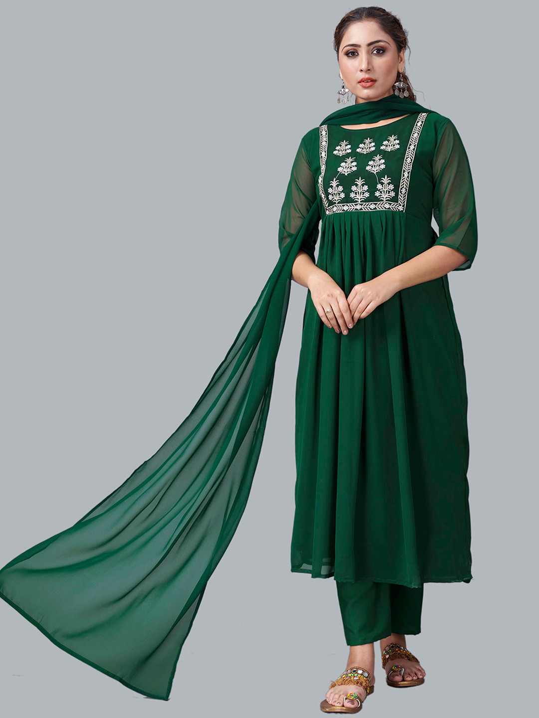 Buy Fashion FRICKS Women Green Floral Yoke Design Empire Kurta With ...