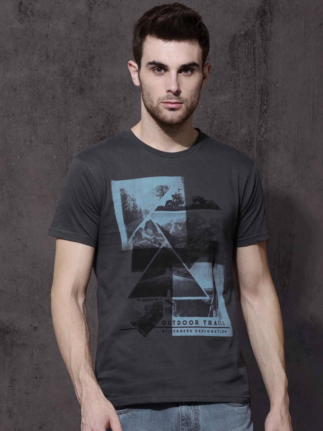 Buy Roadster Men Charcoal Grey Printed Round Neck Pure Cotton T Shirt