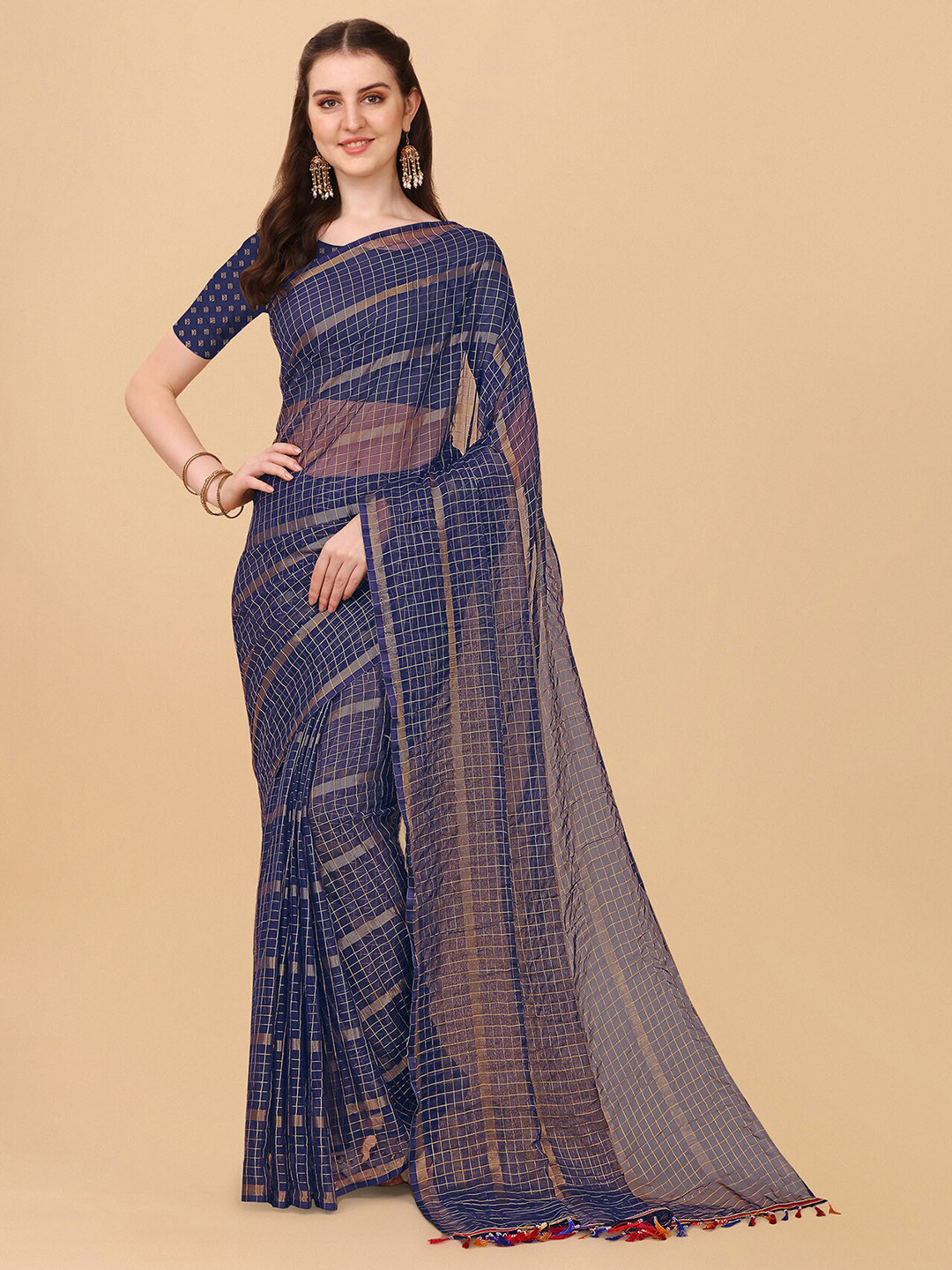 Buy Indian Fashionista Blue & Gold Toned Checked Saree - Sarees for ...