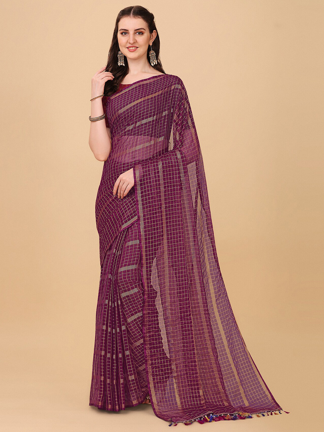 Buy Indian Fashionista Maroon And Gold Toned Checked Zari Kasavu Saree ...