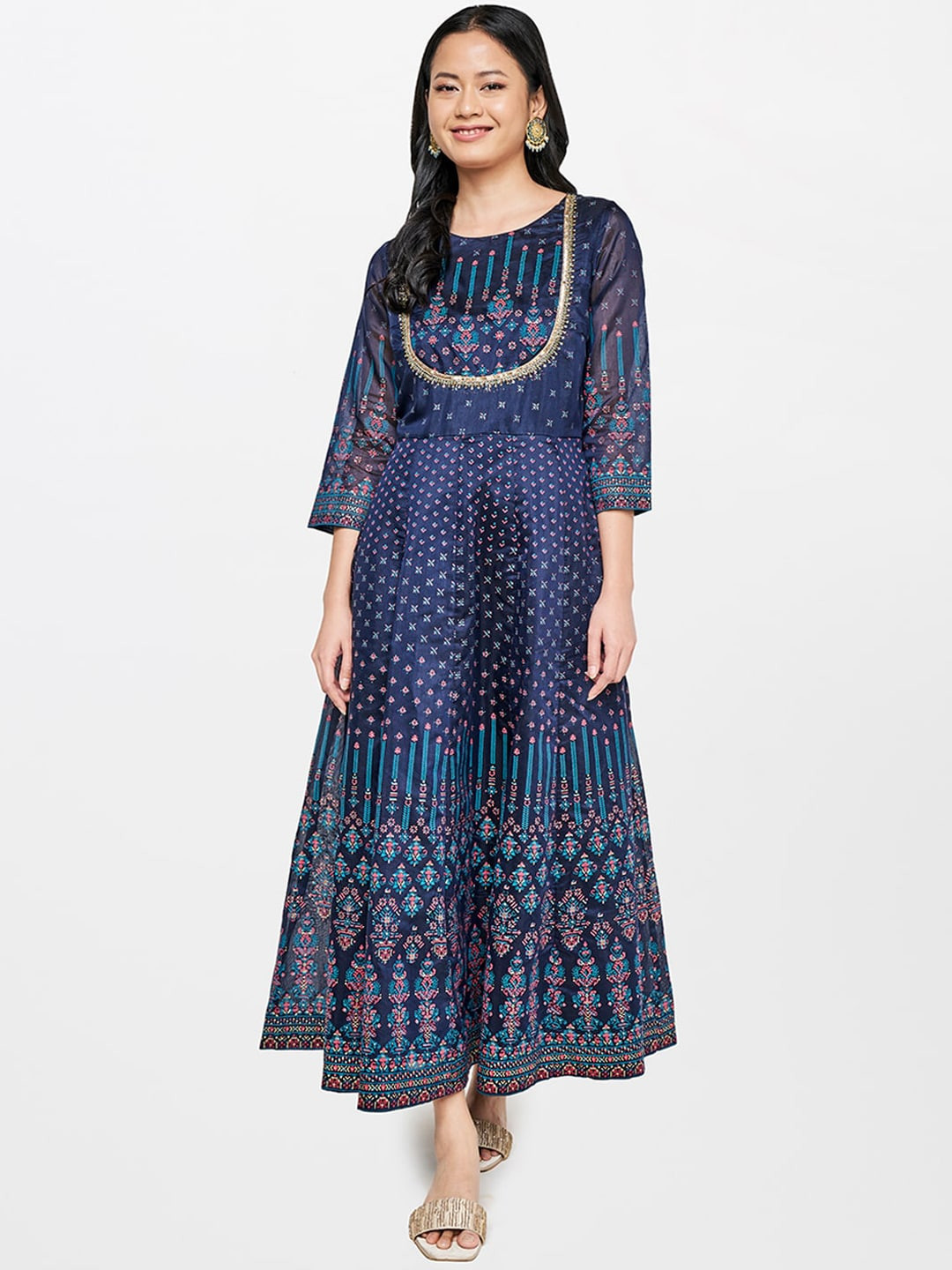 Buy Global Desi Women Blue Ethnic Motifs Printed Anarkali Kurta ...