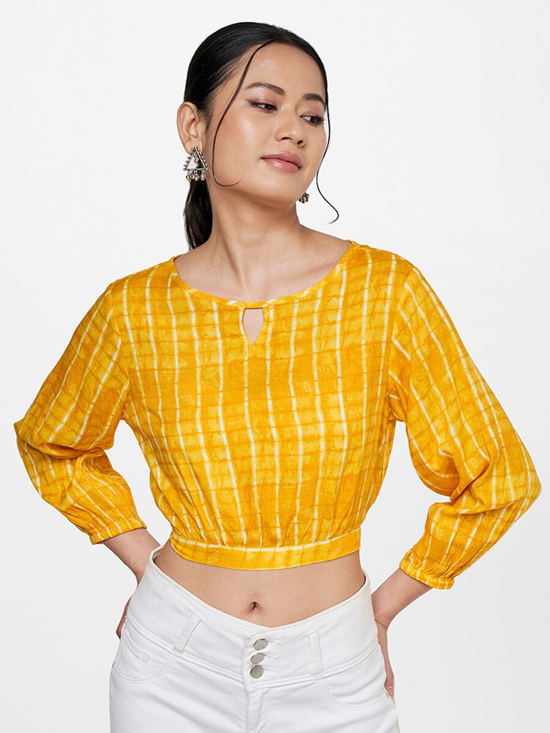Buy Global Desi Mustard Yellow & White Checked Keyhole Neck Crop Top ...