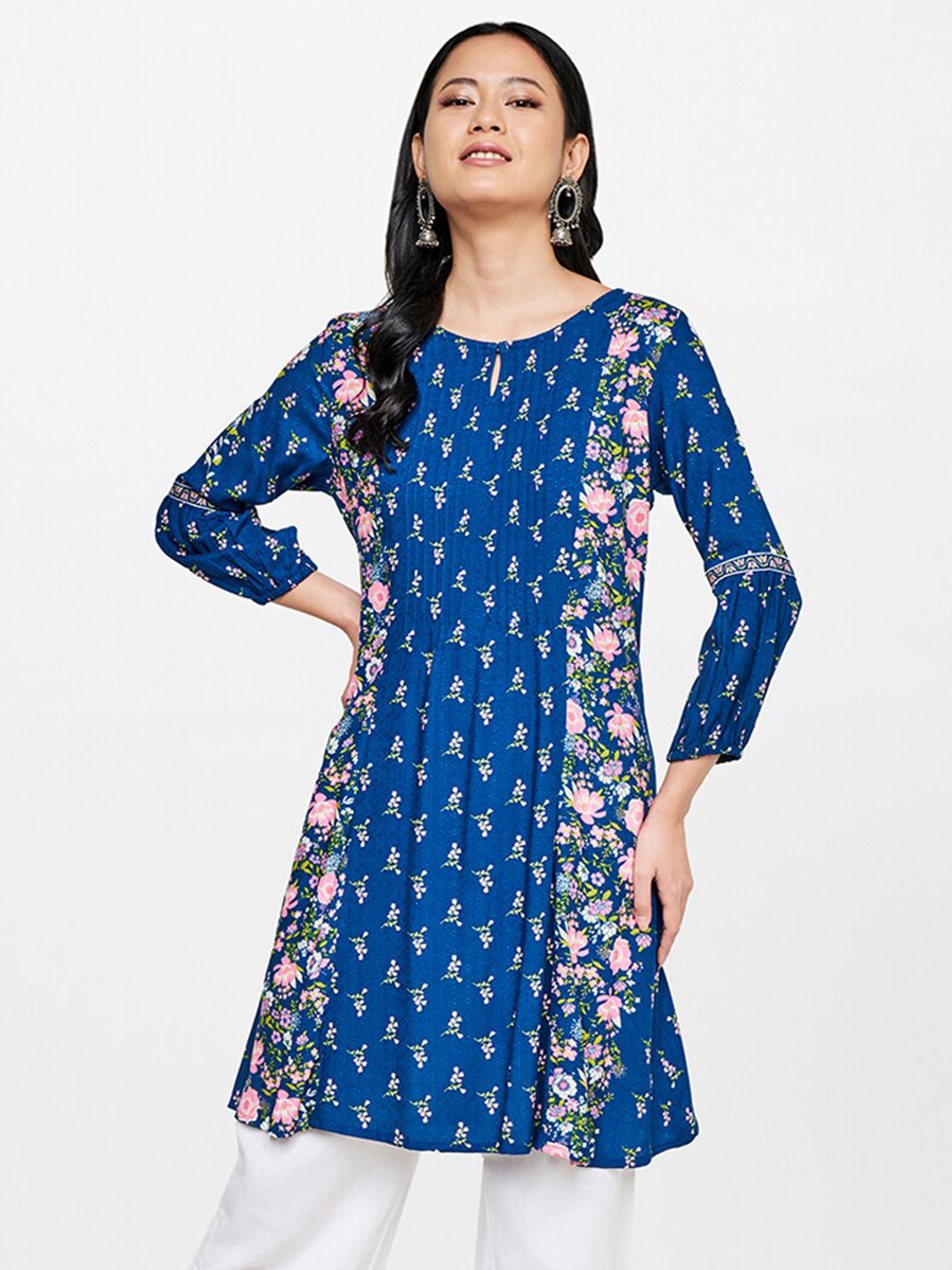 Buy Global Desi Blue & Pink Ethnic Motifs Printed Kurti - Kurtis for ...