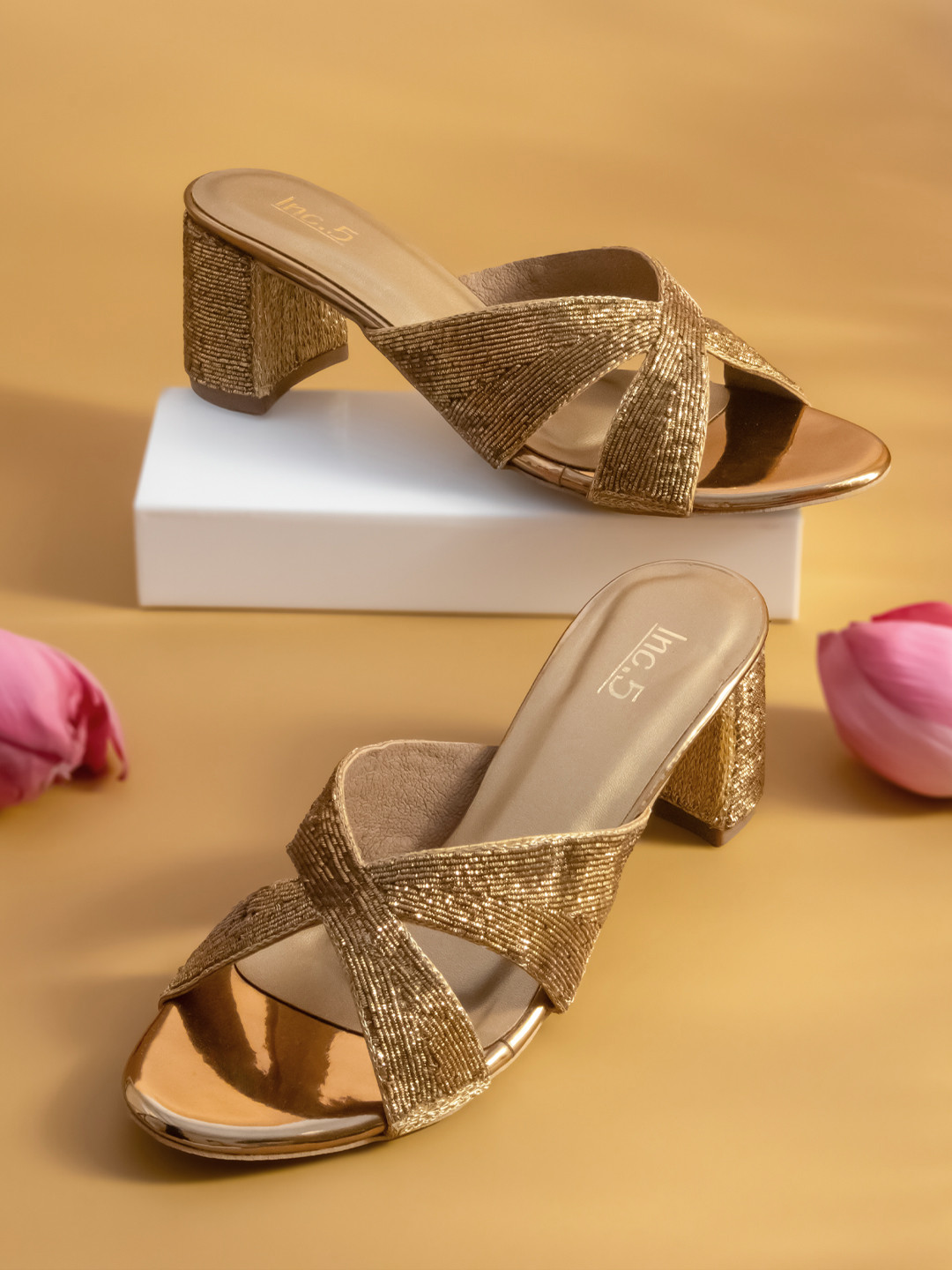 Buy Inc 5 Women Gold Toned Textured High Top Block Mules - Heels for ...