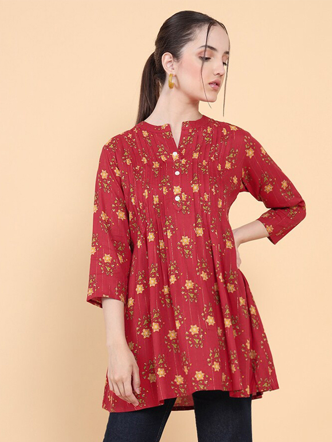 Buy Soch Maroon & Mustard Mandarin Collar Printed Tunic - Tunics for ...