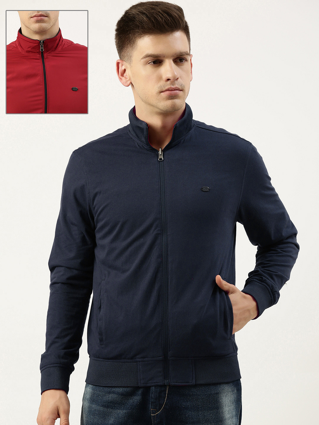 Buy Peter England Men Navy Blue & Red Reversible Bomber Jacket ...