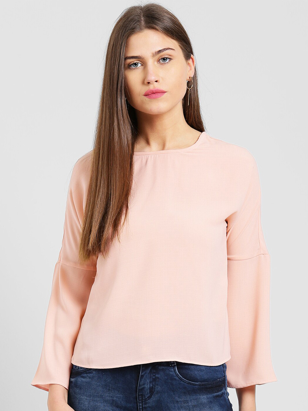 Buy Be Indi Women Peach Colored Solid Pure Cotton Casual Top - Tops for ...