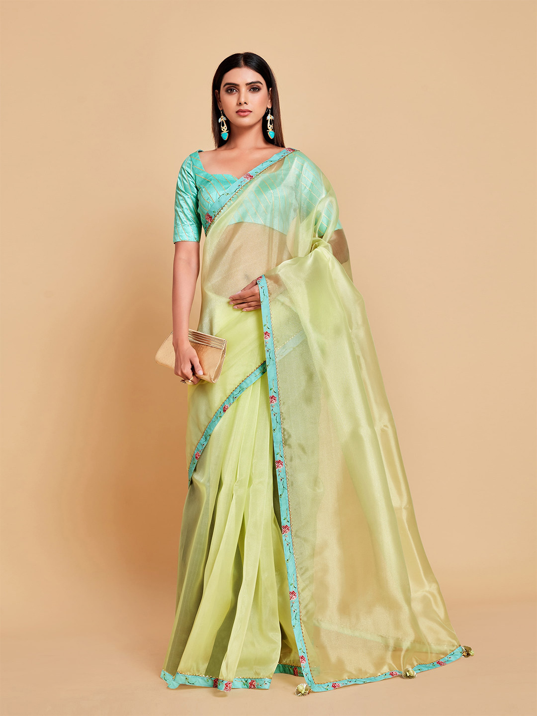 Buy Sangria Lime Green & Blue Embroidered Organza Saree - Sarees for ...