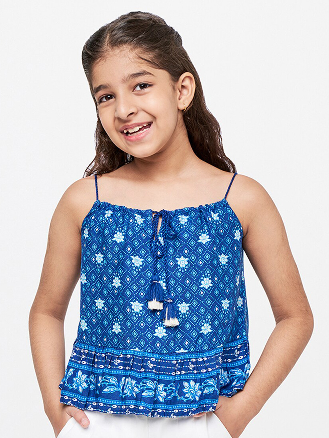 Buy Global Desi Girls Blue & White Floral Print Boxy Top - Tops for ...