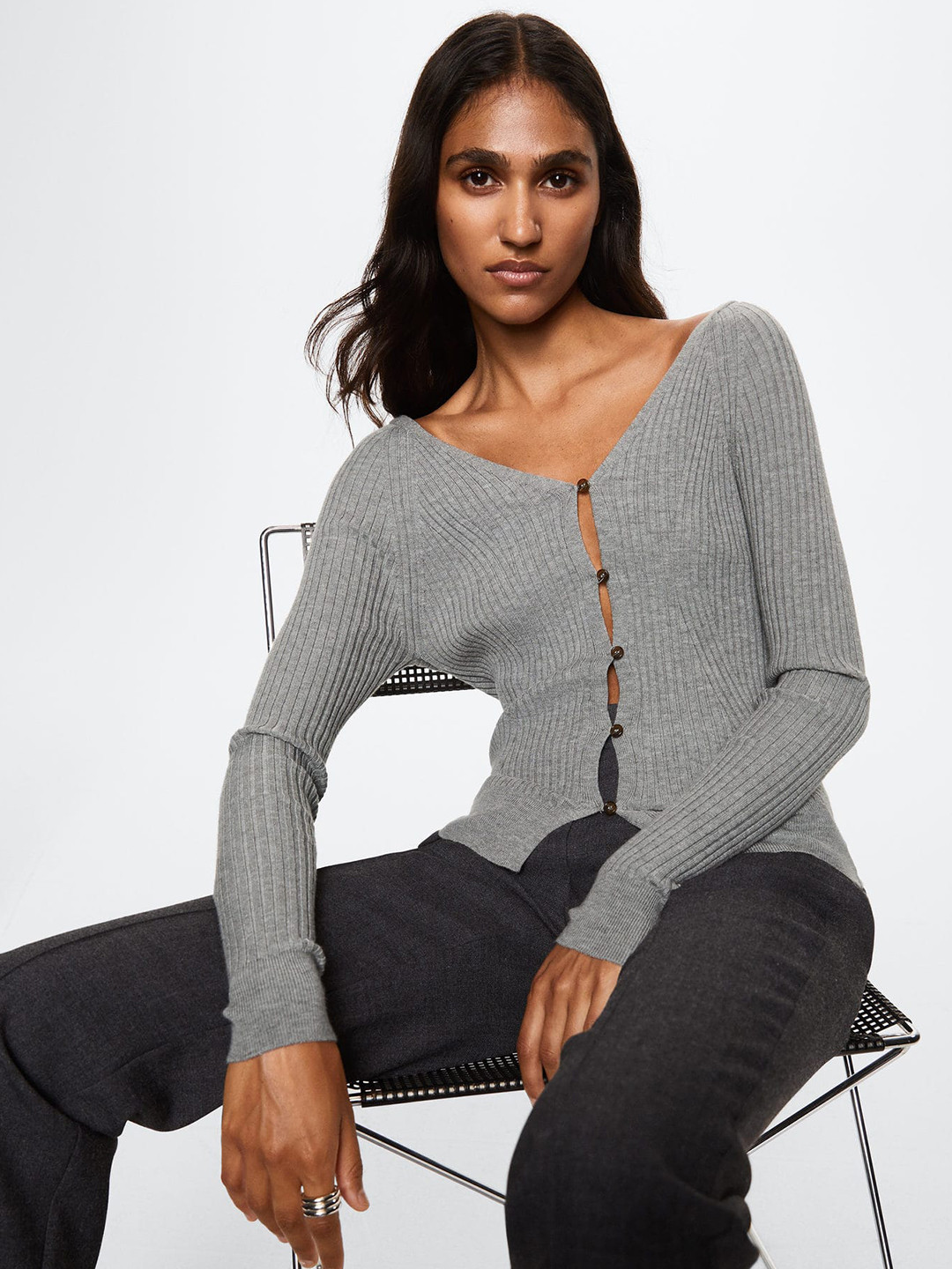 Buy MANGO Women Grey V Neck Knitted Ribbed Cardigan - Sweaters for ...