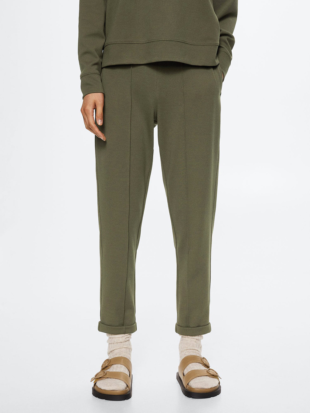 Buy MANGO Women Olive Green Sustainable Joggers - Trousers for Women ...
