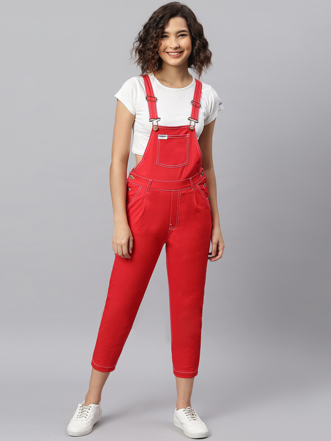 Buy FINSBURY LONDON Women Red Solid Cotton Straight Leg Dungarees ...
