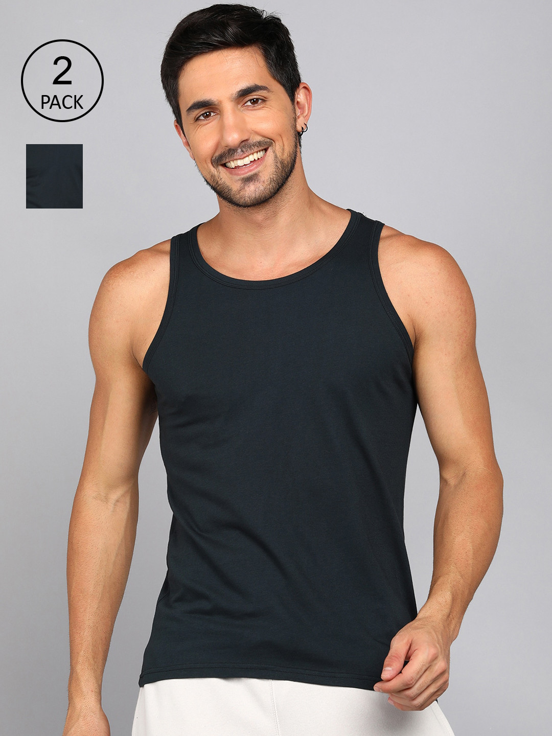 Buy Roadster Men Pack Of 2 Navy Blue Solid Cotton Innerwear Vests ...